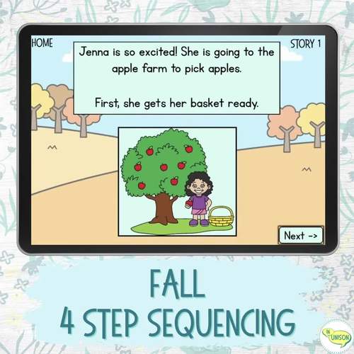 Fall Theme 4 Step Sequencing Boom Cards™ with Short Stories and Audio