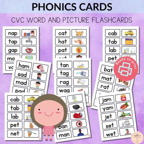 Phonics Words and Picture Cards, CVC Word Families Matching Flashcards