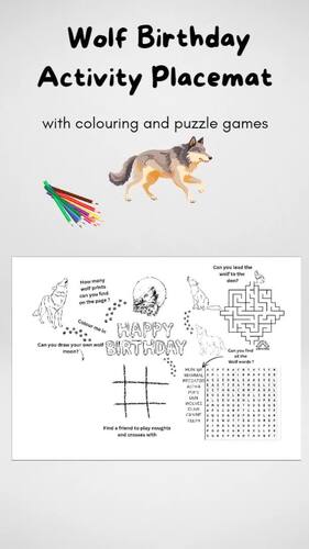 Wolf Birthday Activity Coloring Sheet, Printable Party Placemat,