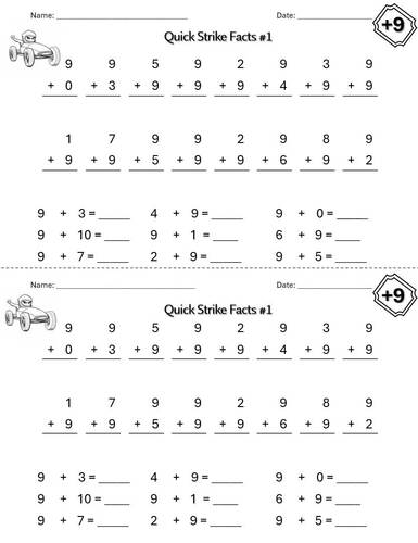 Math Fact Fluency +9 (Addition Timed Test) Half-Sheet | TPT