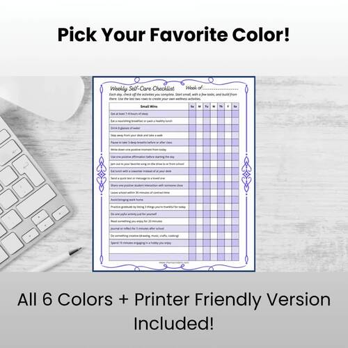 Teacher Self-Care Checklist Bundle | 7 Colors + Bonus Weekly Journal