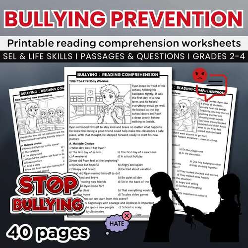 Bullying Prevention Reading Comprehension Worksheets, Passages with ...