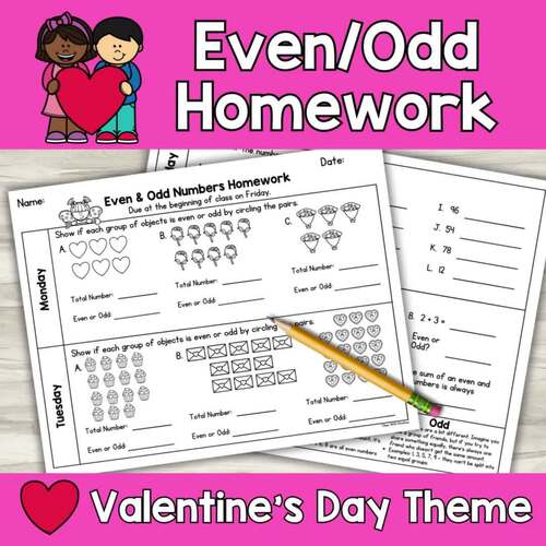 Valentine's Day Even Odd Math Homework Week of Assignments | Due Friday