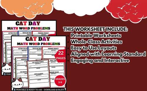Cat Day Math Word Problem Worksheets, 3rd 4th 5th 6th Grade | TPT