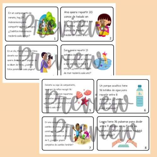 Tarjetas Problemas de División de Verano Centros de Matemáticas Práctica