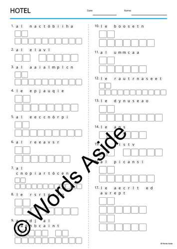 Spanish Word Games Copy Crossword Word Search Anagram HOTEL by Words Aside