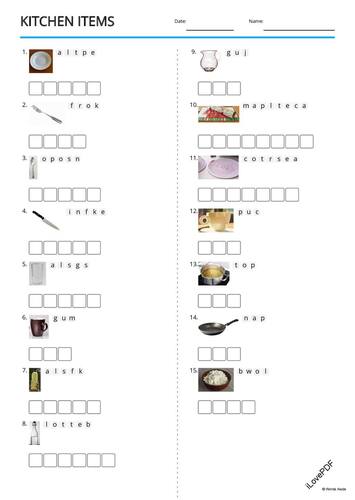 Vocabulary Puzzle Writing Worksheets Crossword Word Search Anagram KITCHEN