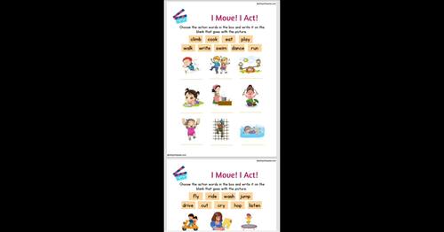 Action verb picture worksheet- Read, select, match, write the verb to ...