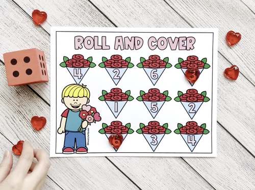 Valentine Roll and Cover | Number Recognition | No Prep Math Centers