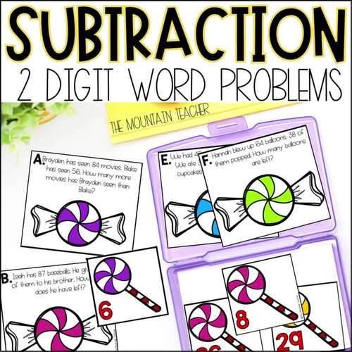 2 Digit Subtraction with Regrouping Word Problems Math Center and Worksheet