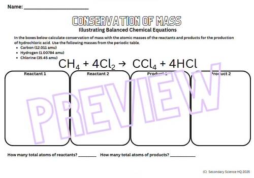 Conservation of Mass Chemical Equations Presentation, Worksheets Bundle