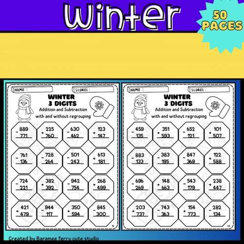 Winter Math 3 Digits Addition and Subtraction With and Without ...