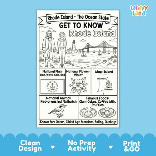 Rhode Island State Study Geography Coloring Page Worksheet Activity | USA