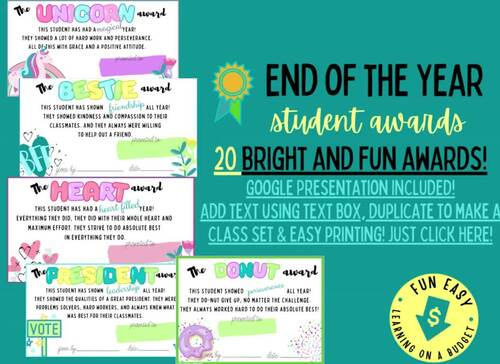 20 COLORFUL END OF THE YEAR AWARDS-EDITABLE & PRINTABLE GOOGLE SLIDES