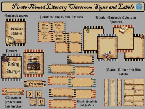 Pirate Themed Reading Signs, Posters, Labels, Tags and Notebook Covers