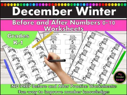 December Before and After Numbers Worksheets Missing Numbers 0-10 Math ...