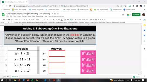 One Step Addition & Subtraction Equations - Digital Self Checking Activity