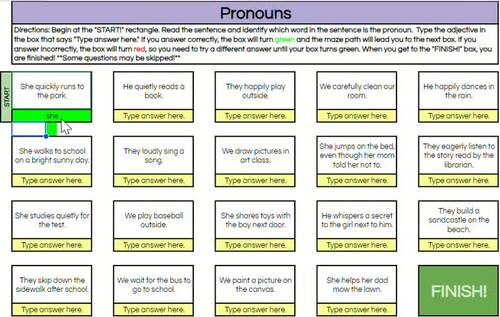 Digital Self Checking Maze Activity: Identifying Pronouns (Google Sheets)