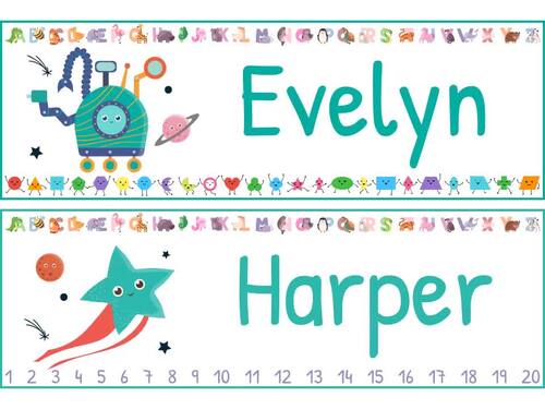 Space Desk Name Tags for Students – 30 Editable Designs with Alphabet ...