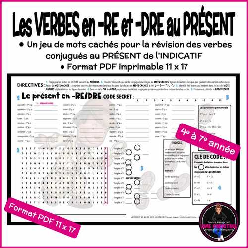 Les verbes en RE au présent - Mots cachés - French present RE Verbs ...