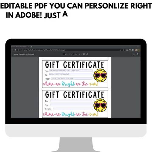 Customizable Gift Certificates | Summer Theme by Thriving Teacher Inc