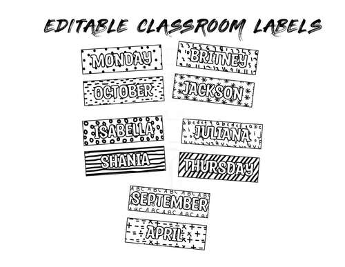 Printable Classroom Labels, Black and White Student Name Tags, Editable