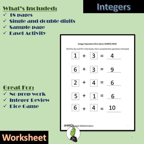Adding and Subtracting Integers Dice Math Game by Grasshopper Mathematics