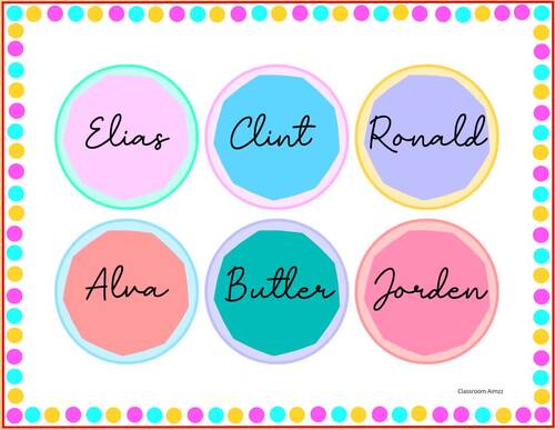 Printable Bright Student Name Labels, Round Name Cards, Book Bin Labels