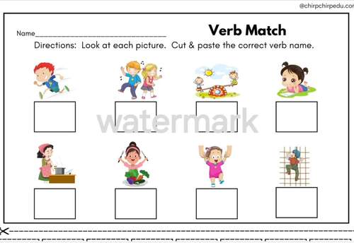 Action verb worksheet practice Cut & Paste word to match the image ...