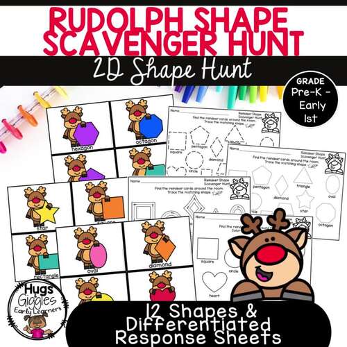 Rudolph Shape Scavenger Hunt | Christmas Math Center Pre-K - 1st