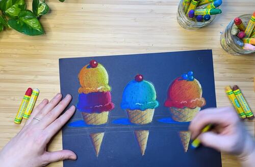 Delicious Desserts Oil Pastel Art Lesson || Cupcakes + Ice Cream Cones