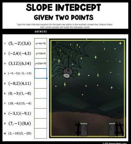 Write Slope Intercept form given two points - self-checking Halloween sheet