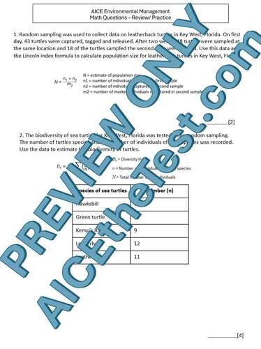 AICE Environmental Math Questions - Review/ Practice for AICE Exam