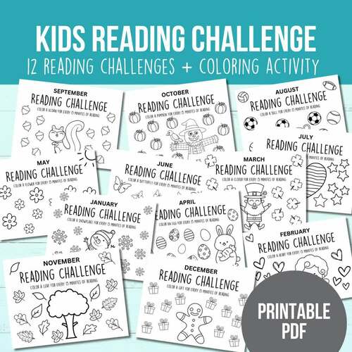 Reading Challenge Coloring Craft for Kids, 12 Month Printable Tracker PDF