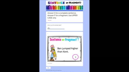 Sentence or Fragment Google Forms and Printable by Rose Kasper's Resources