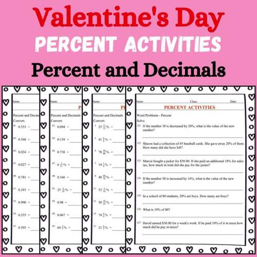 Valentine's Day Math Activities: Percent and Decimals & Word Problems ...