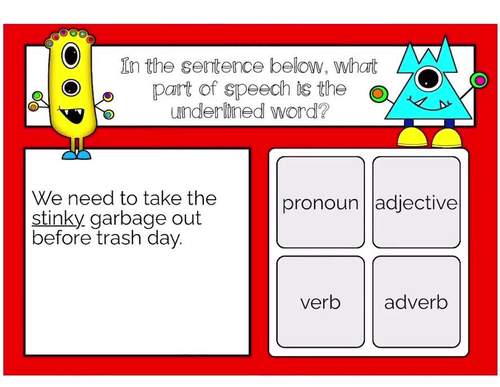 Parts of Speech BOOM Cards (N., V., ADB., ADJ., PREP., PRO., CONJ.)