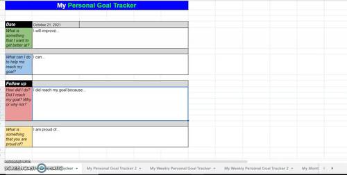 Student Goal Setting Google Sheets Editable Personal Goal Tracker