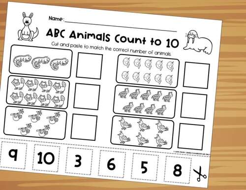 ABC Animals Count to 10 | Cut and Paste Number Matching Worksheets | No ...
