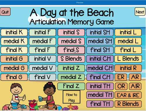 Beach Articulation Memory Game Boom Cards™ Summer Speech Therapy Activity