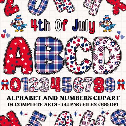 4th of July PNG Alphabet clipart, doodle letters for classroom crafts