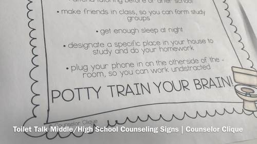 Toilet Talk- Middle School Counseling Bathroom Signs by Counselor Clique
