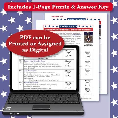 Women's History Month Middle School Math Puzzle: Presidential Medal of ...