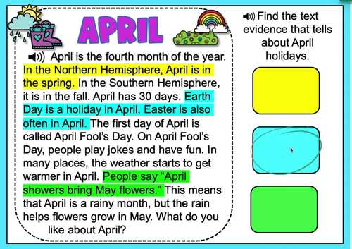April Finding Citing Text Evidence Reading Boom Cards Task Cards with Audio