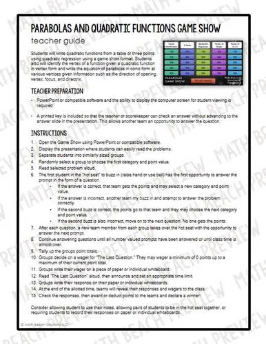 Parabolas and Quadratic Functions Game Show Activity by Math Beach ...