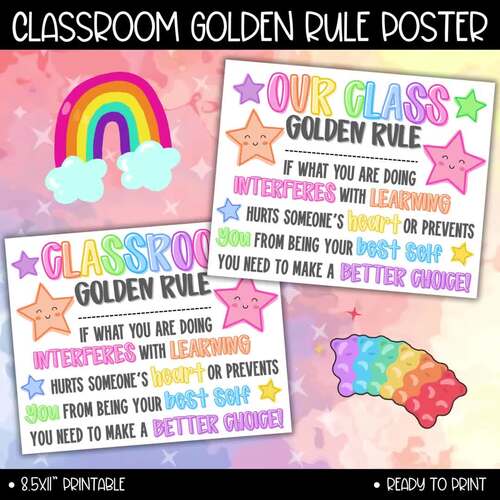 Pastel Rainbow Classroom Golden Rule Poster, Kindergarten Pre-k Class ...