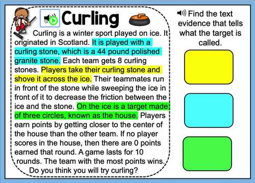 Curling Finding Text Evidence 3rd Grade Digital Reading Boom Cards