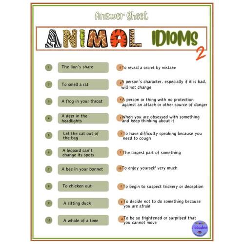 Idioms worksheets & memory game (animals 2) ELA, 4th-12th grades, ESL/EFL