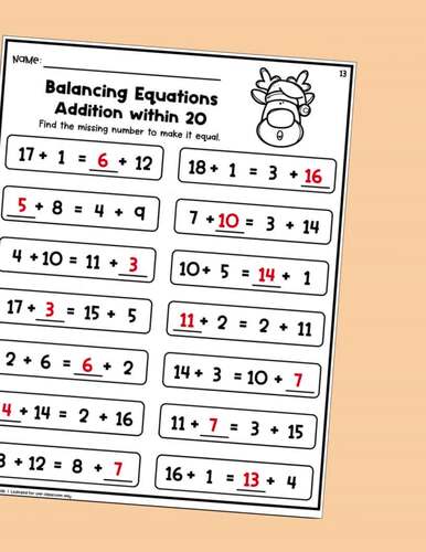 Rudolph Balancing Equations Addition Within 20 | Christmas Math Worksheets
