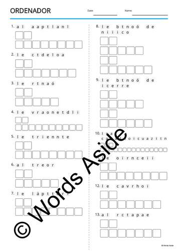 Spanish Word Games Crossword Word Search Anagram COMPUTER by Words Aside